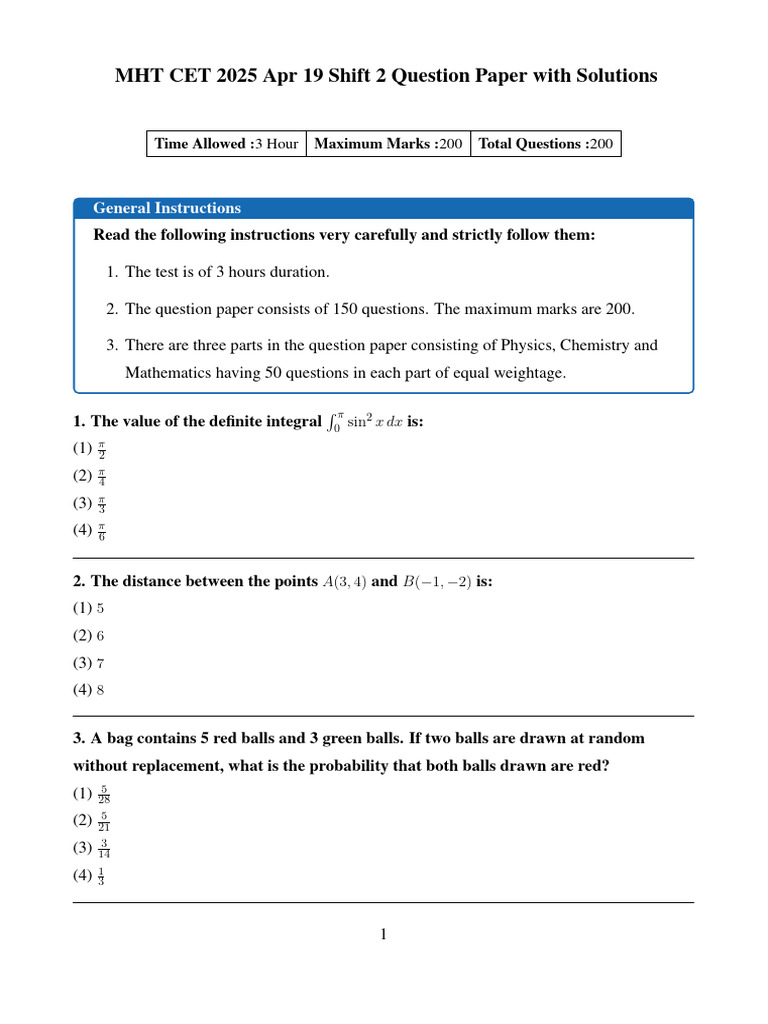 MHT CET 2025 Apr 19 Shift 2 Question Paper With Solutions: General ...