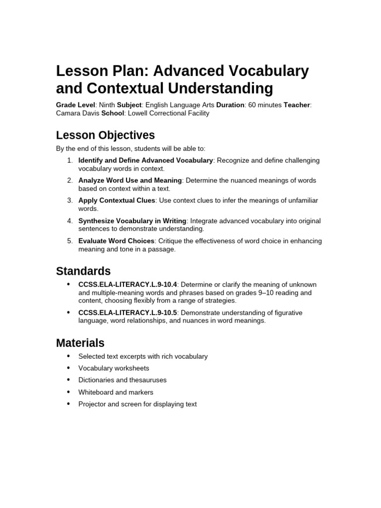 Lesson Plan - Advanced Vocabulary and Contextual Understanding | PDF ...