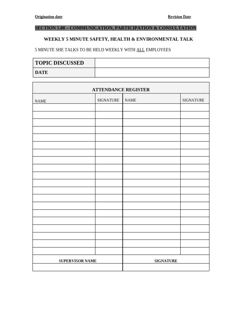 5 MInute Safety Talk - Weekly Register | PDF