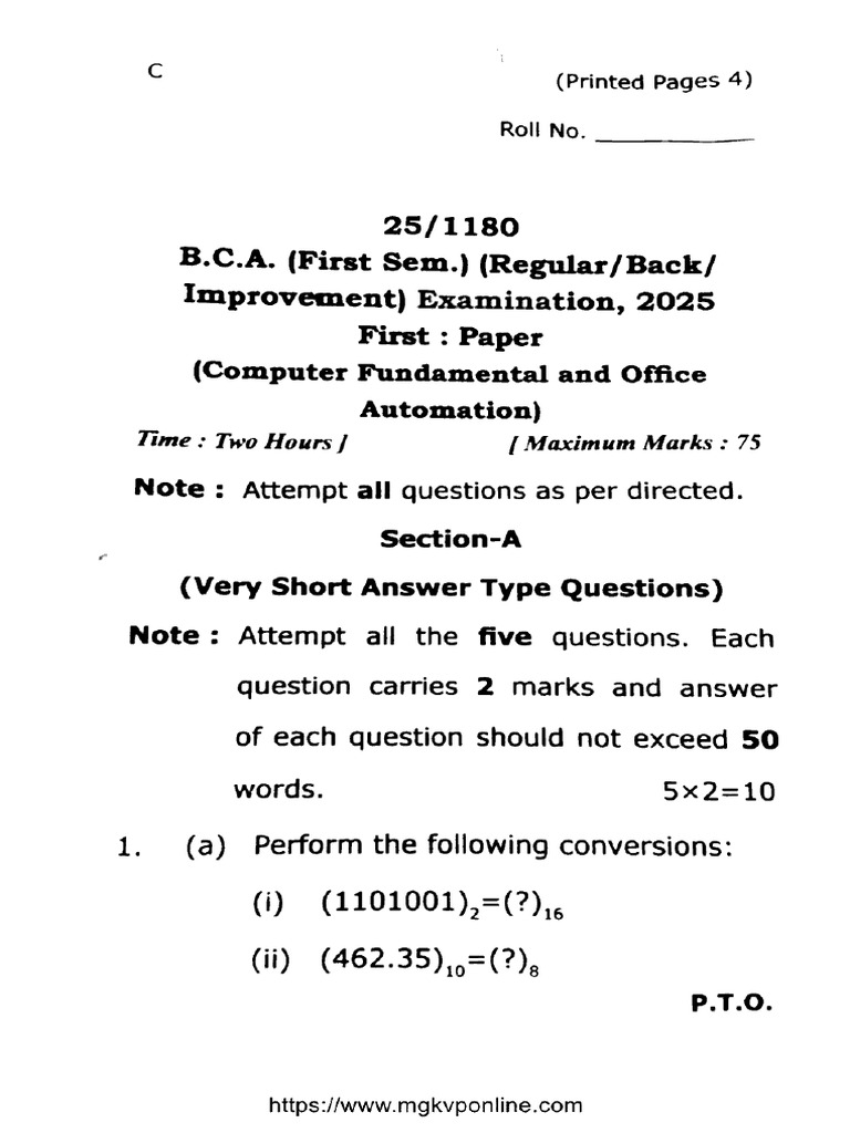 Bca 1 Sem Computer Fundamental and Office Automation 1180 2025 | PDF