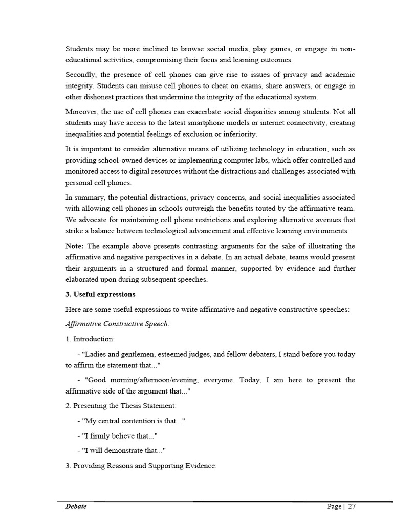 Cell Phones in Schools: Debate Insights | PDF | Argument | Evidence