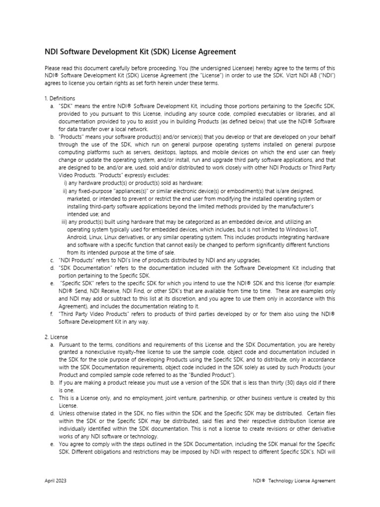 NDI SDK License Agreement Overview | PDF | License | Indemnity
