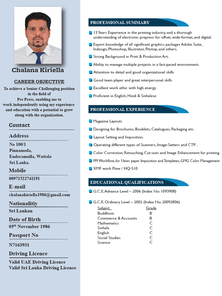 Pre Press Operator Resume: Chalana Kiriella | PDF