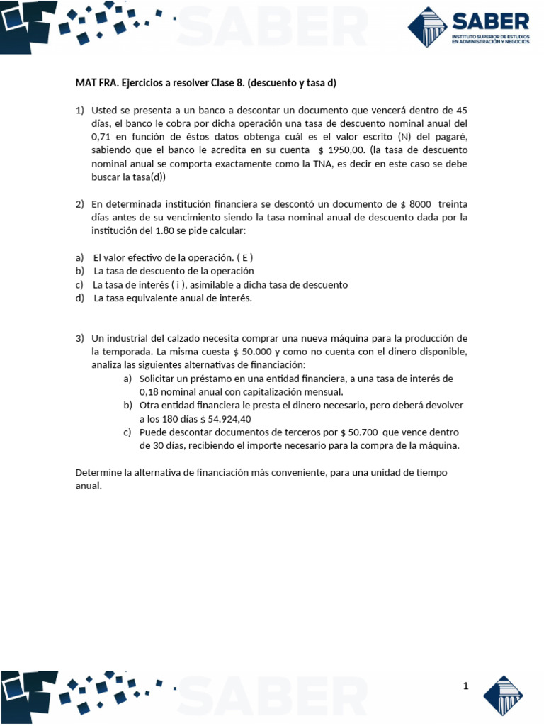 Mat Fra Ejerc. A Resolver Clase 8 (Descuento y D) | PDF