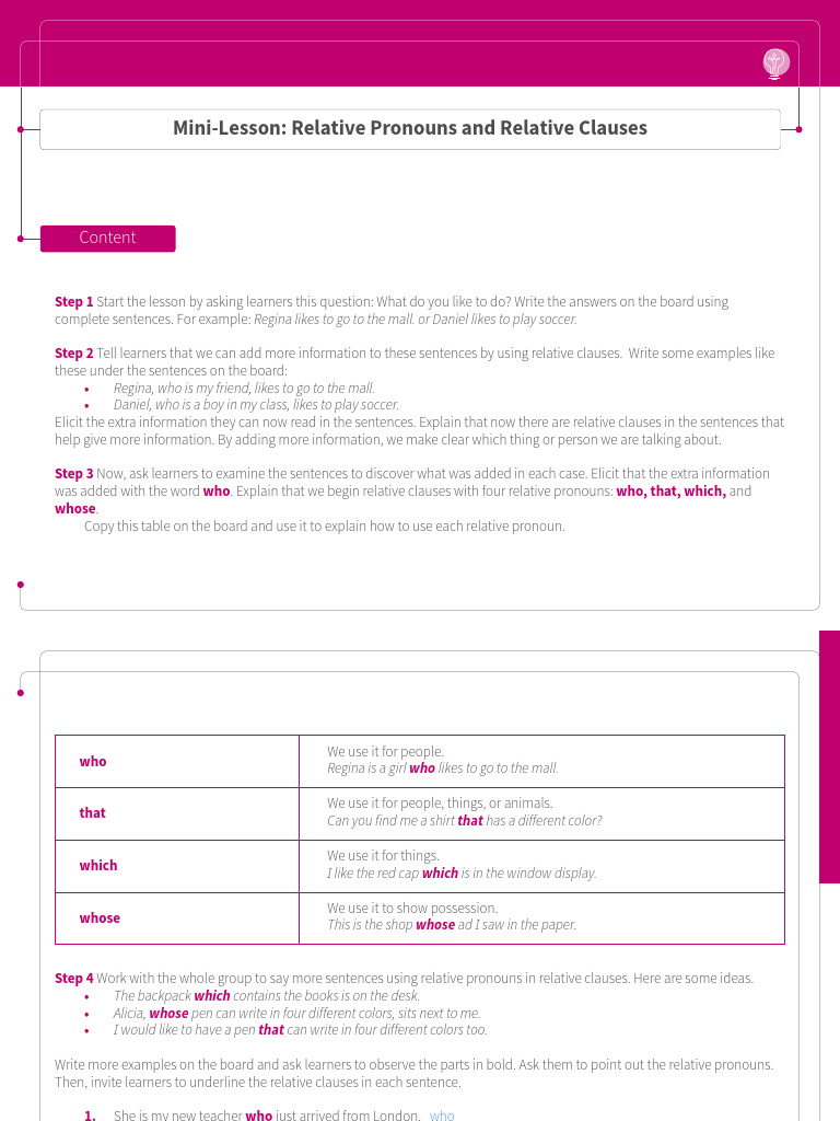 Mini Lesson Relative Pronouns and Relative Clauses | PDF | Linguistic Typology | Language Mechanics
