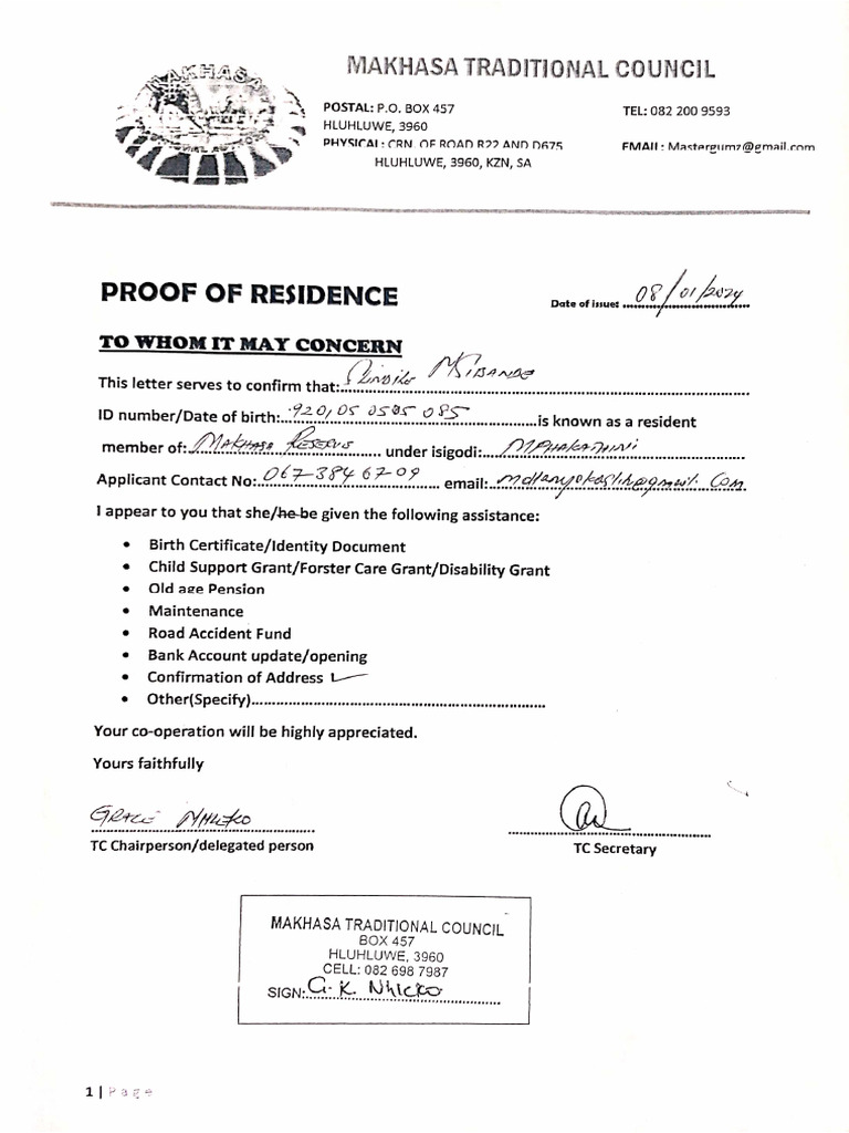 Proof of Residence For Slindile Nsibande | PDF