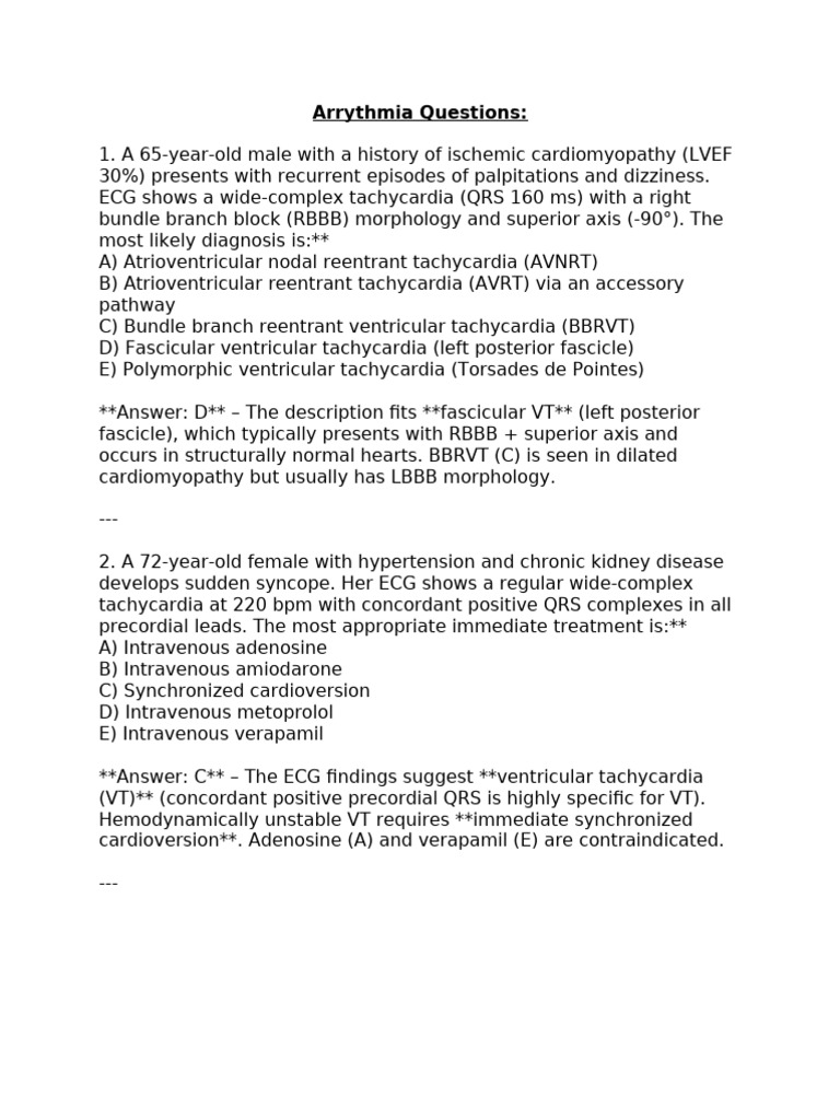Arrythmia Questions | PDF | Electrocardiography | Stroke