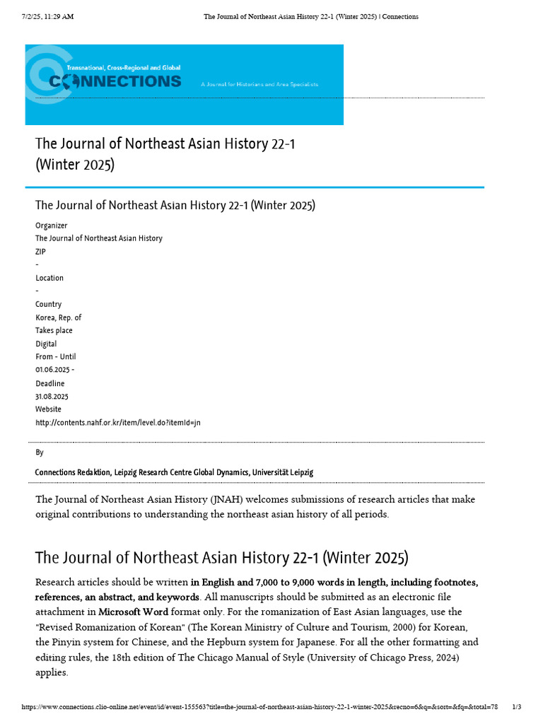The Journal of Northeast Asian History 22-1 (Winter 2025) - Connections ...