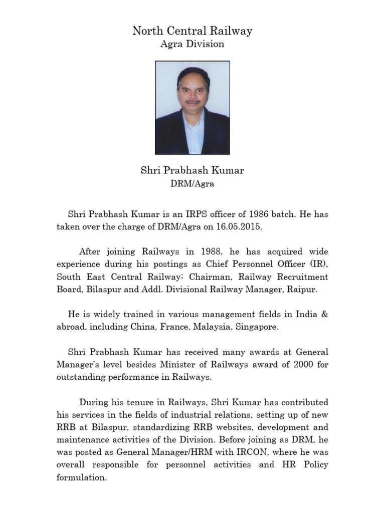 1432814255889-Drm-Agra - Shri Prabhash Kumar | PDF