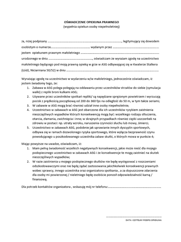 Oświadczenie Opiekuna Prawnego | PDF