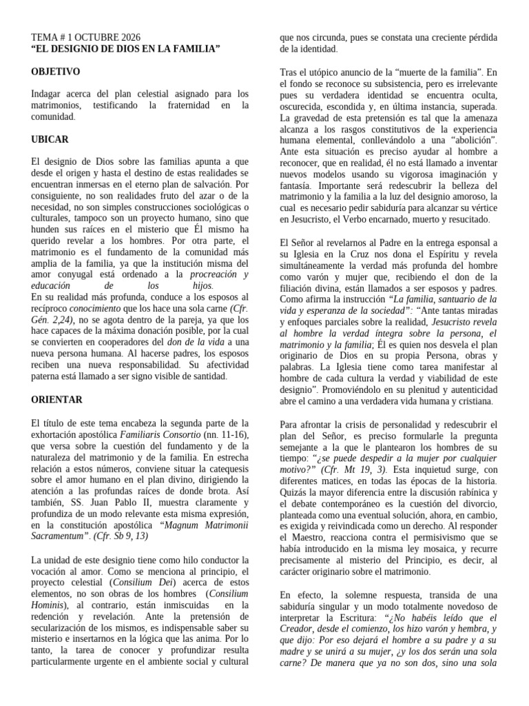 Octubre - Tema 1 - El Designio de Dios en La Familia - Listo | PDF | Amor | Matrimonio