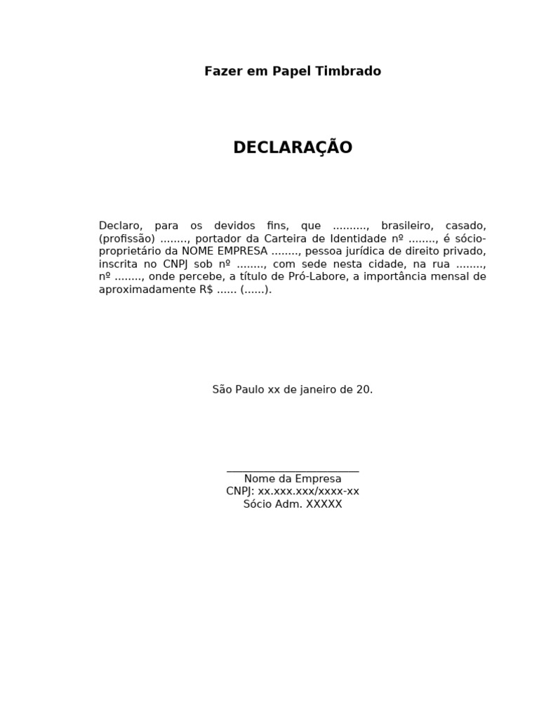 Modelo Declaração de Pro Labore | PDF