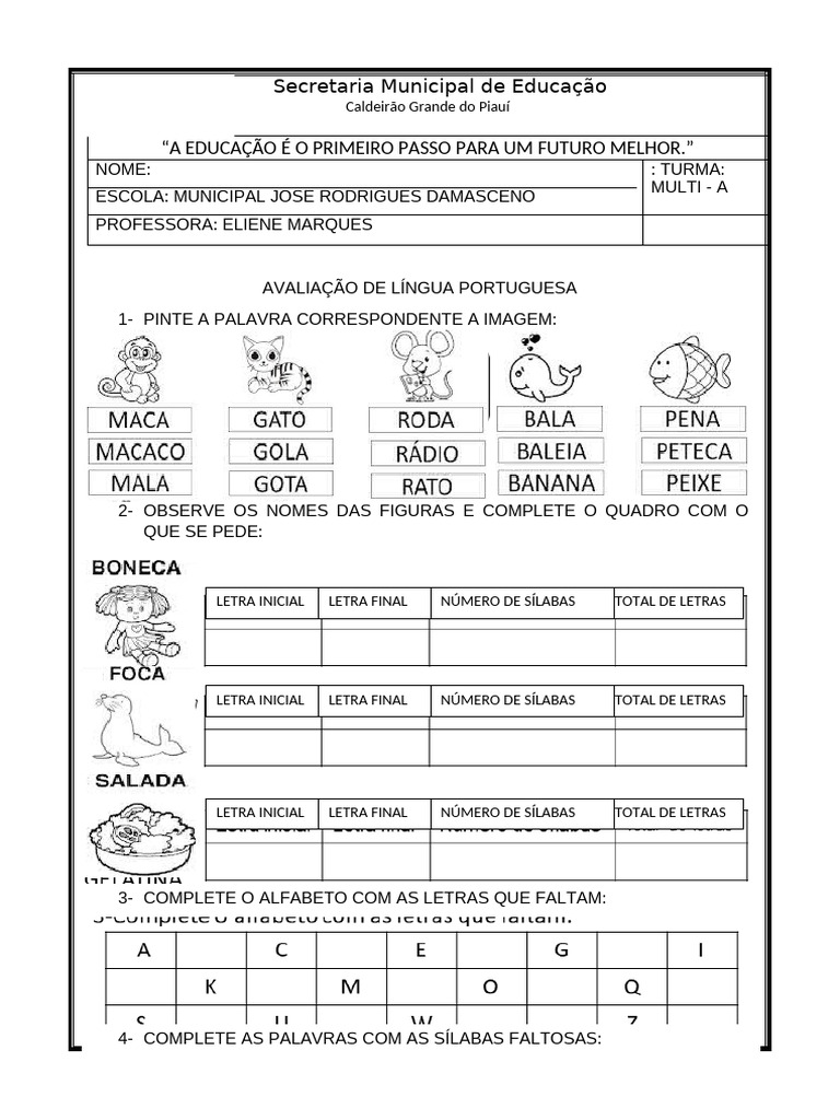 Avaliação de Língua Portuguesa e Matemática | PDF | Famílias ...