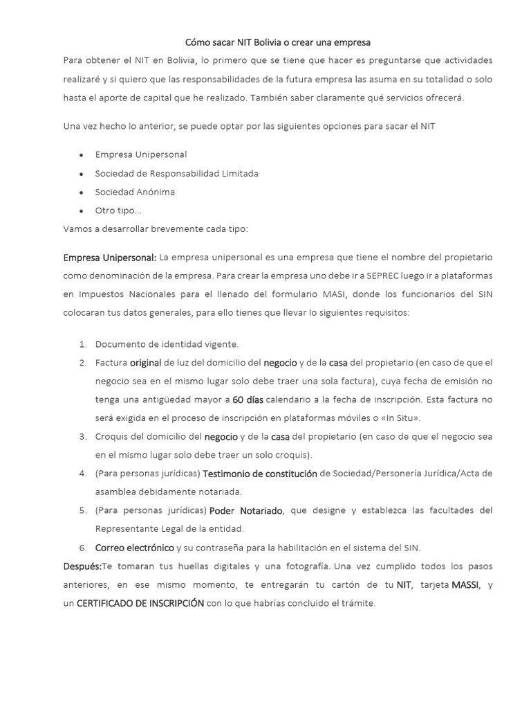 Cómo Sacar NIT Bolivia o Crear Una Empresa | PDF | Bancos | Business
