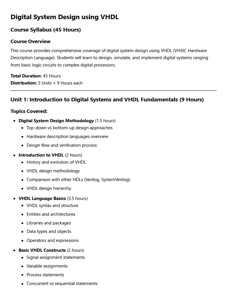 Digital System Design Using VHDL - 45 - Hour Syllabus | PDF | Vhdl | Hardware Description Language
