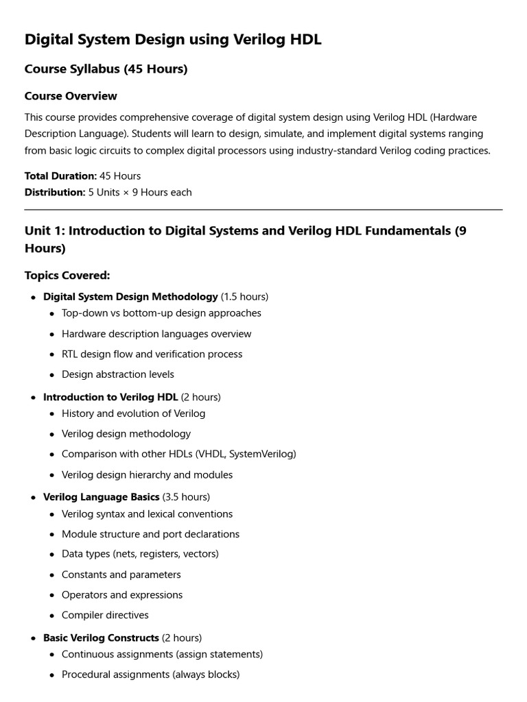 Digital System Design Using Verilog HDL - 45 Hour Syllabus | PDF ...