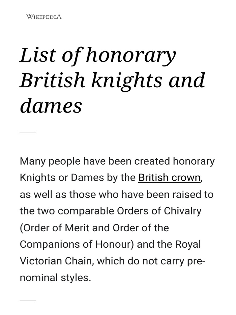 List of Honorary British Knights and Dames | PDF | Knight | Sir