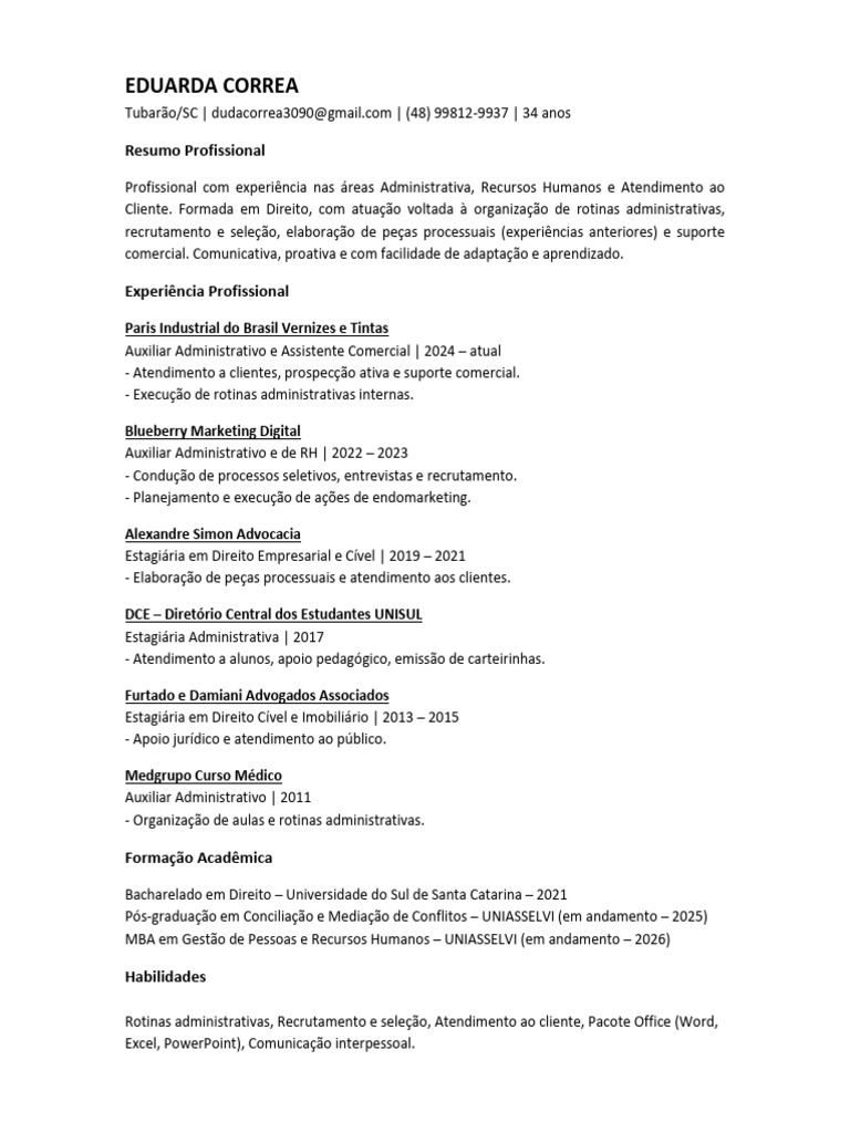 Curriculo Eduarda Correa Completo | PDF