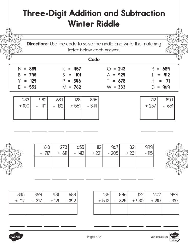 Three Digit Addition and Subtraction Winter Riddle | PDF