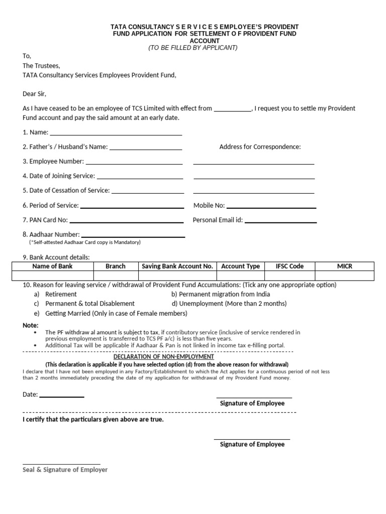 TCS PF Withdrawal Application Form | PDF | Cheque