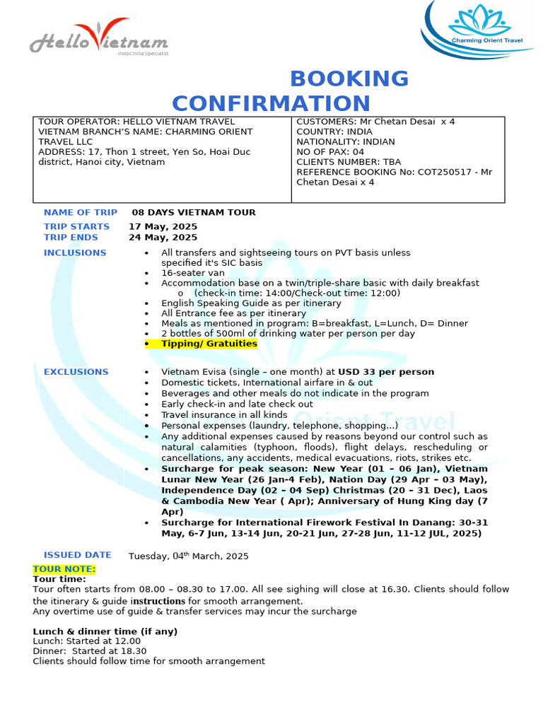 Booking Confirmation Cot250517 - MR Chetan Desai X 4 | PDF | Meal | Cuisine