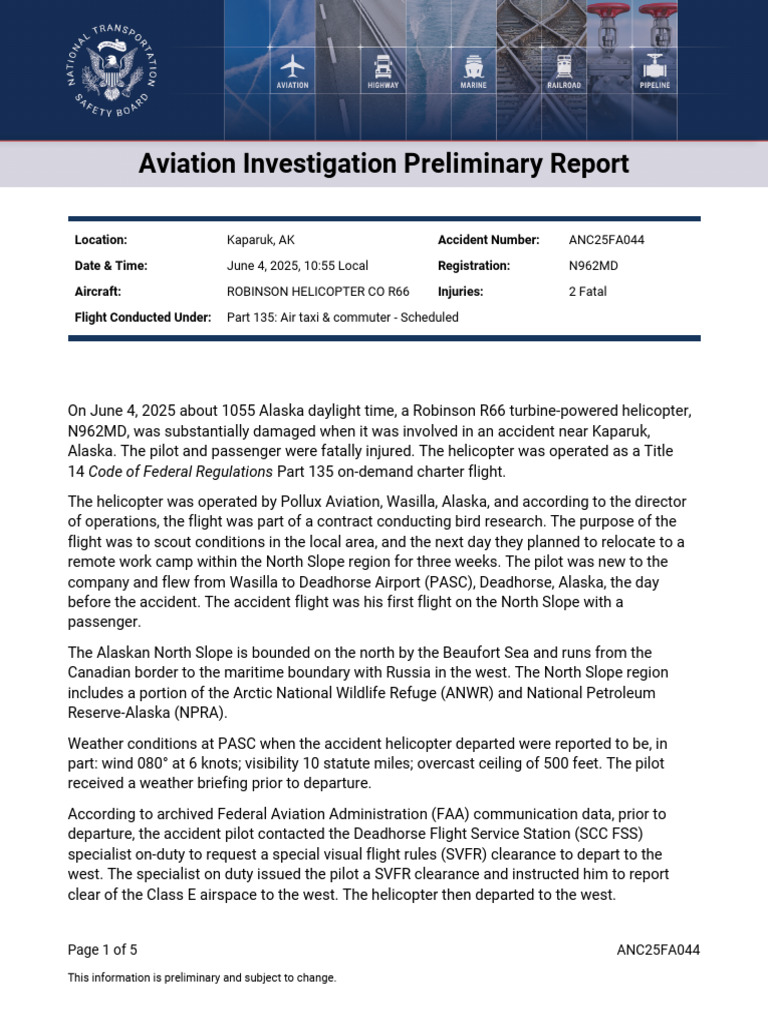 R66 Helicopter Crash in Kaparuk, AK | PDF | Helicopter | Aviation