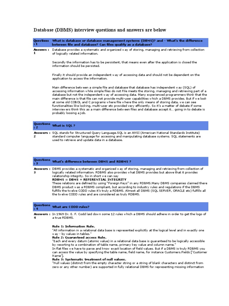 DBMS interview questions and answers | PDF | Data Warehouse | Database Index
