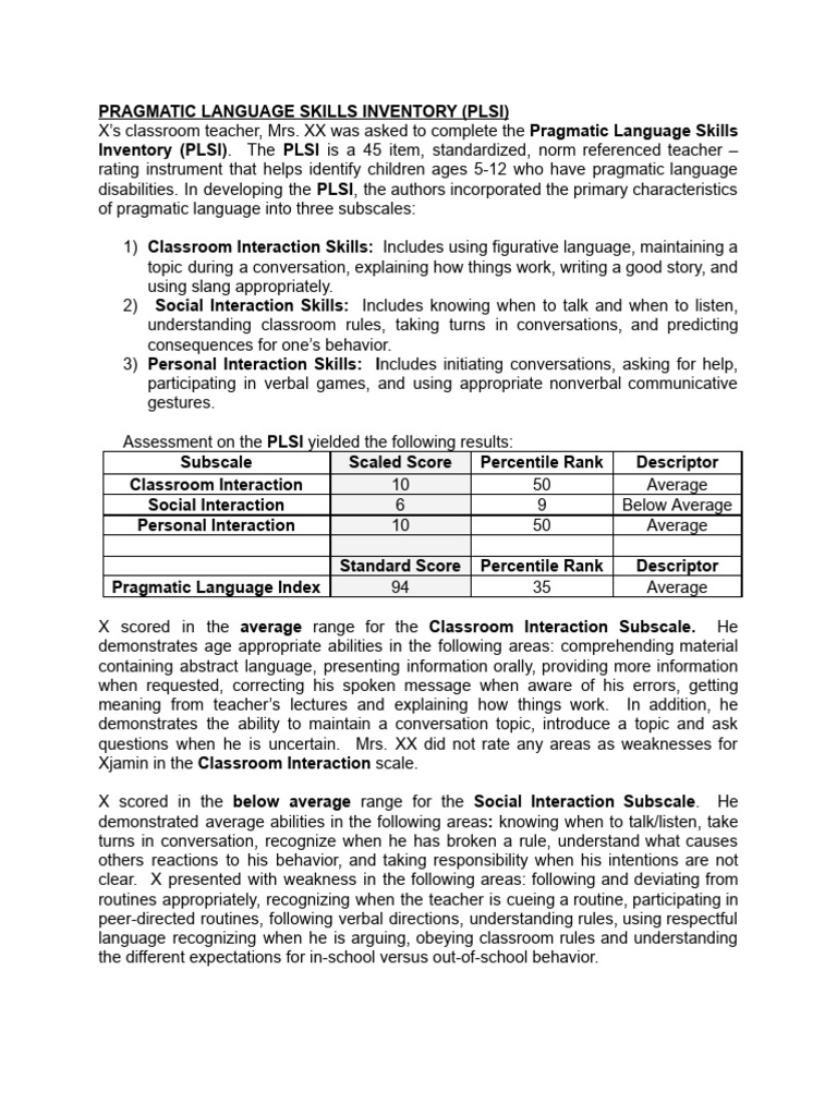 Pragmatic Language Skills Assessment Results | PDF | Nonverbal ...
