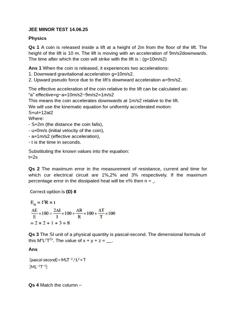 JEE Minor Test Physics Solutions | PDF | Acceleration | Lift (Force)