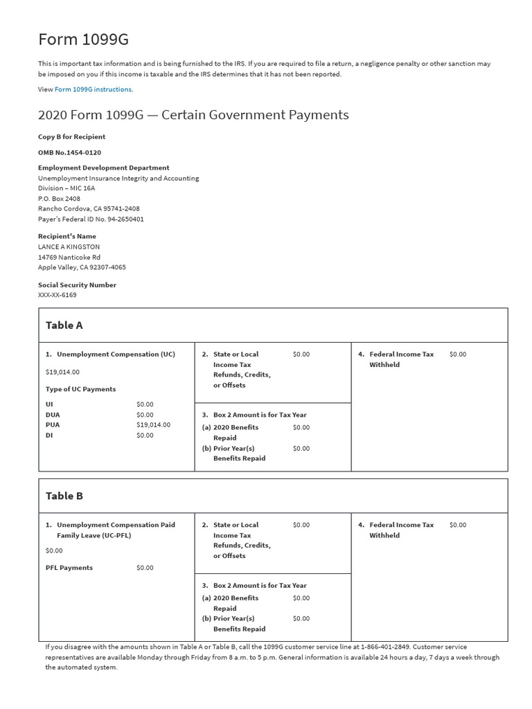 2020 Form 1099G for Unemployment Benefits | PDF | Income Tax | Income ...