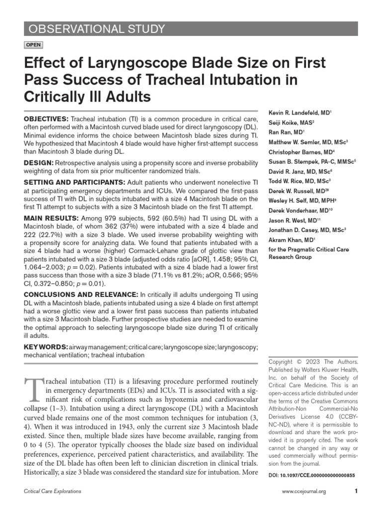 Effect of Laryngoscope Blade Size On First Pass Success of Tracheal ...