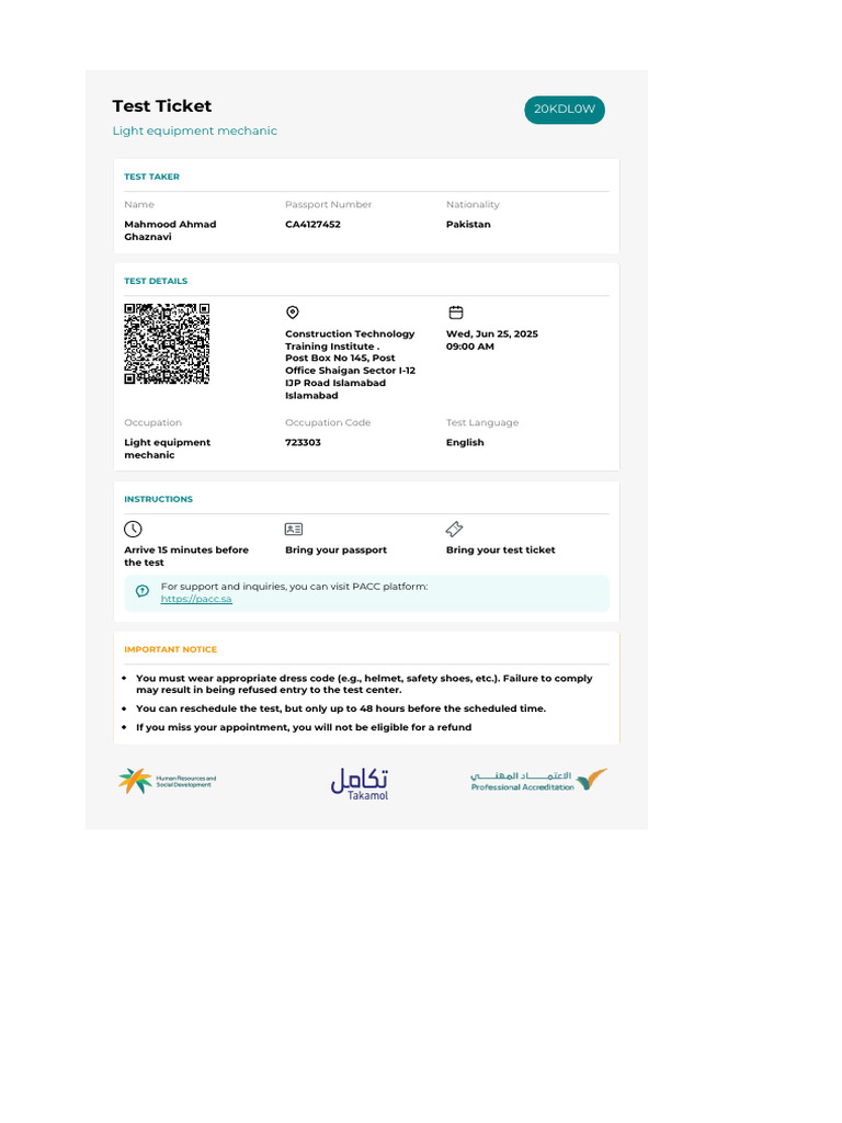 Mahmood Ahmad Ghaznavi - Light Equipment Mechanic - Ticket - 406880 | PDF