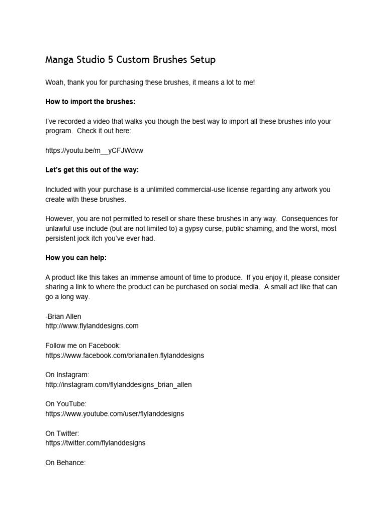 Manga Studio 5 Custom Brushes Setup | PDF