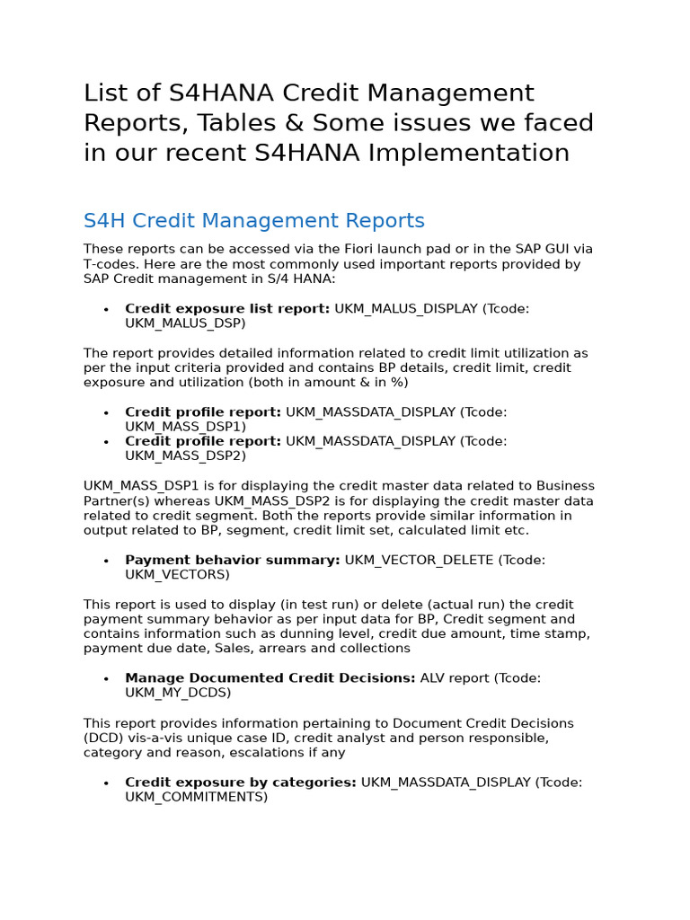 S4HANA Credit Management Reports Overview | PDF | Information | Credit