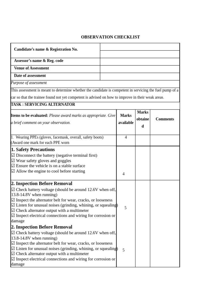 Servicing Alternator Checklist 2025 | PDF | Personal Protective ...