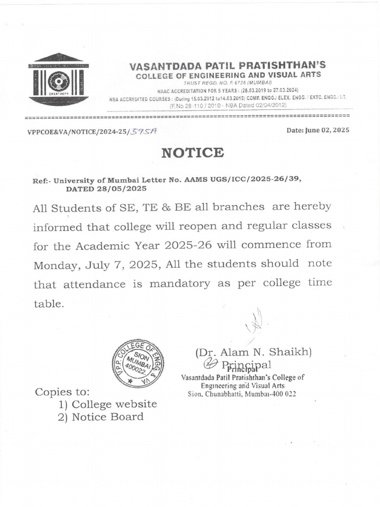 Notice Regarding College Reopen and Regular Classes For The SE | PDF