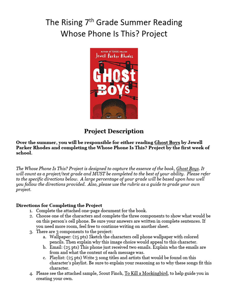 7th Grade Summer Reading Project Guide | PDF