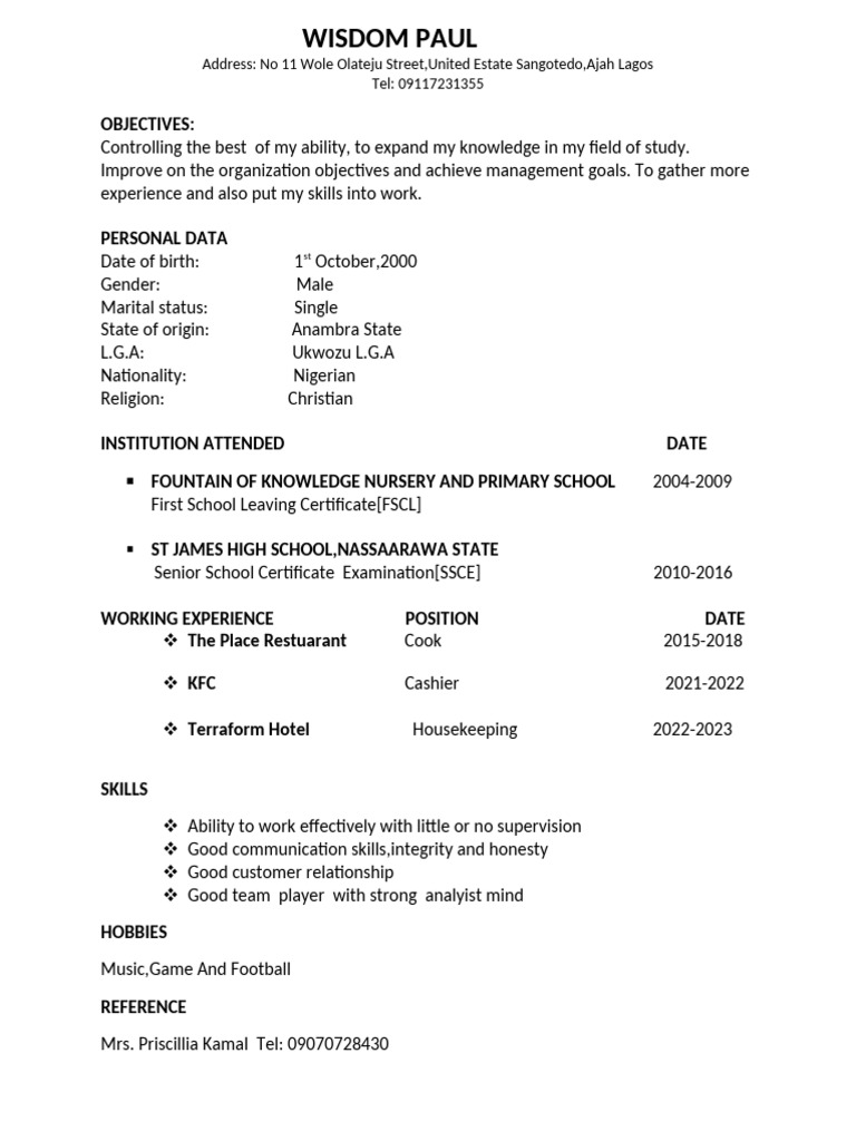 Resume of Wisdom Paul - Lagos, Nigeria | PDF