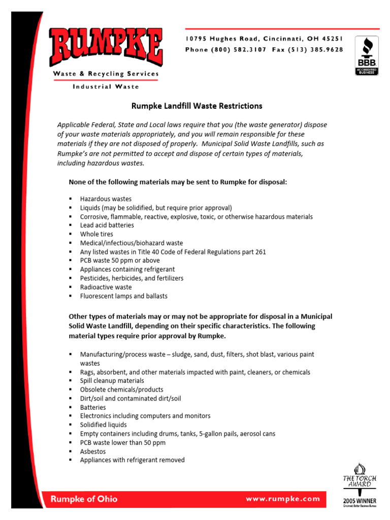 Rumpke Landfill Waste Restrictions 2014 | PDF