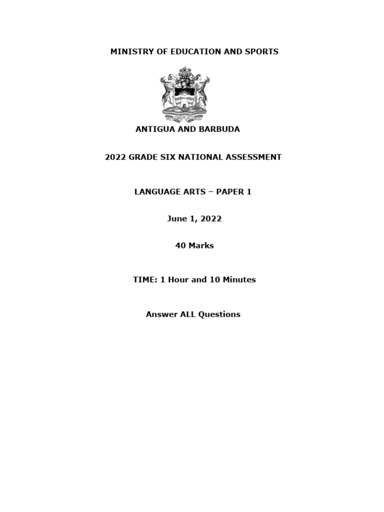 2022 G6NA Language Arts - Paper 1 | PDF | Part Of Speech | Verb