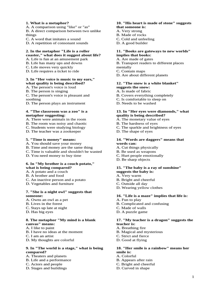 Simile Metaphor Personification MC Worksheet 2025 | PDF | Metaphor