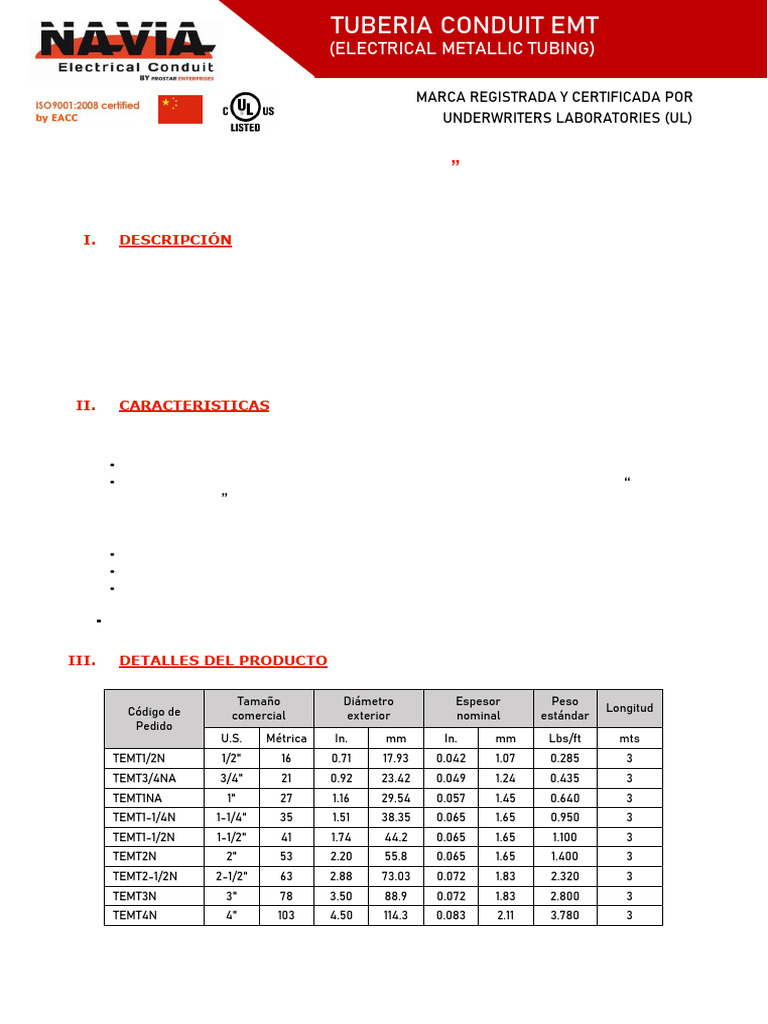 Ficha Técnica Tubería EMT 1" 3mts | PDF | Procesos industriales ...