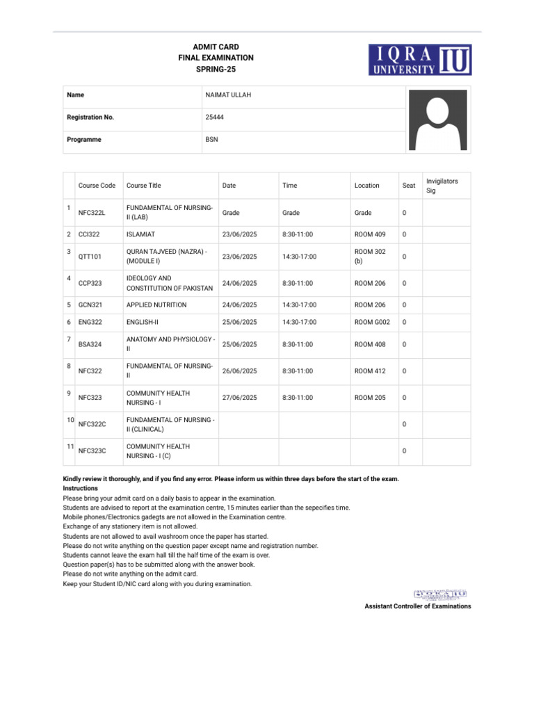 Iqra University Chak Shahzad Campus, Islamabad - .. Admit Card Final Examination Spring-25 ...