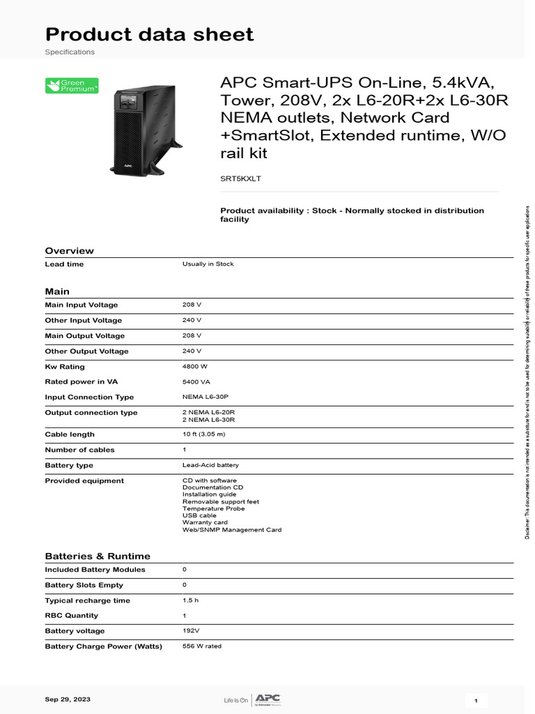 APC SRT5KXLT UPS Specifications Guide | PDF | Electricity | Electronics
