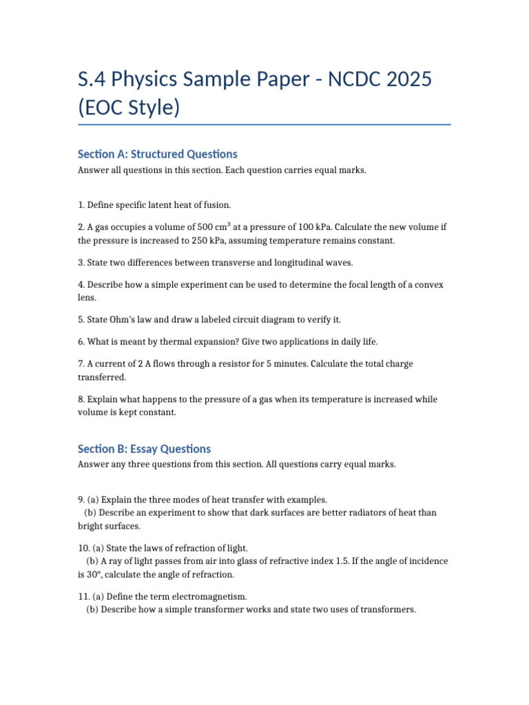 S4 Physics Sample Paper NCDC 2025 | PDF