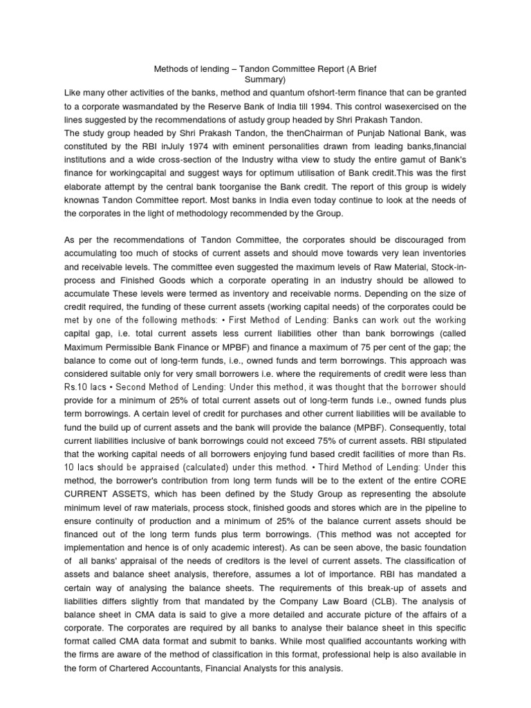 Methods of Lending - Tandon Committe | PDF | Reserve Bank Of India | Banks