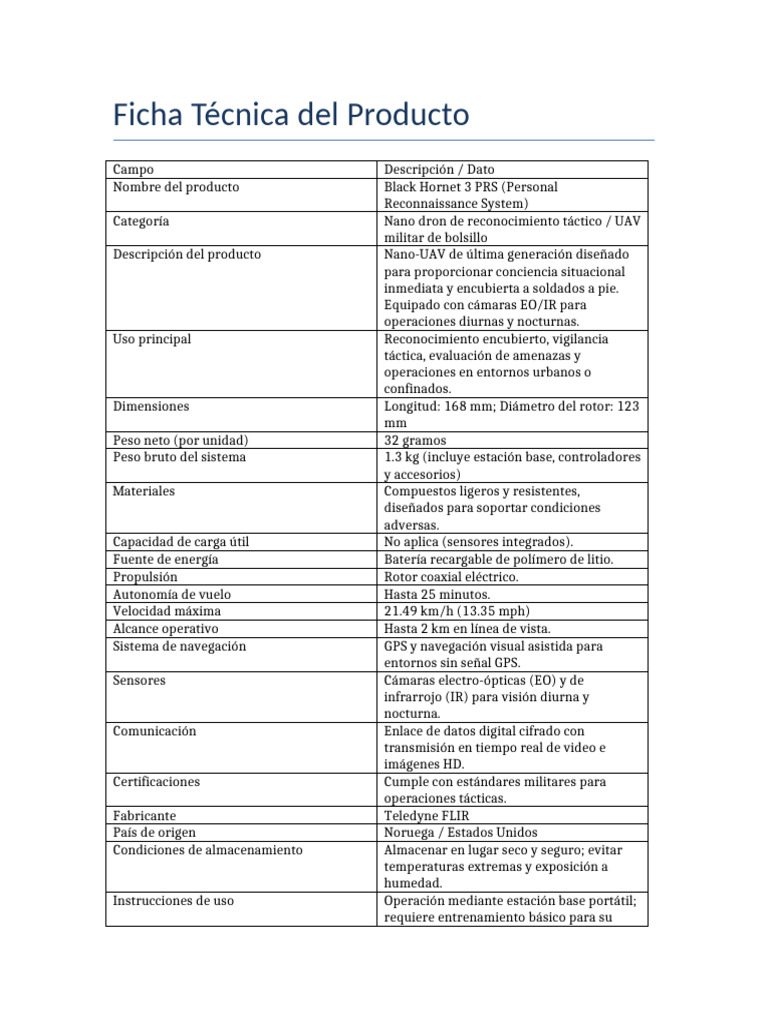 Ficha Tecnica Dron Black Hornet 3 | PDF | Vehículo aéreo no tripulado
