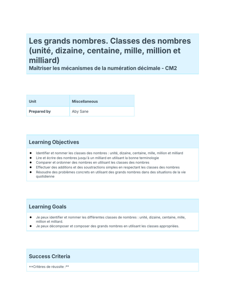 Classes des grands nombres en CM2 | PDF