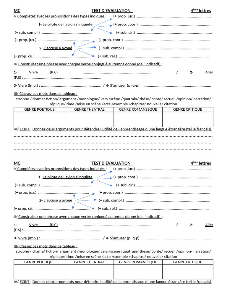 Test d'évaluation en français 4ème | PDF | Grammaire | Linguistique
