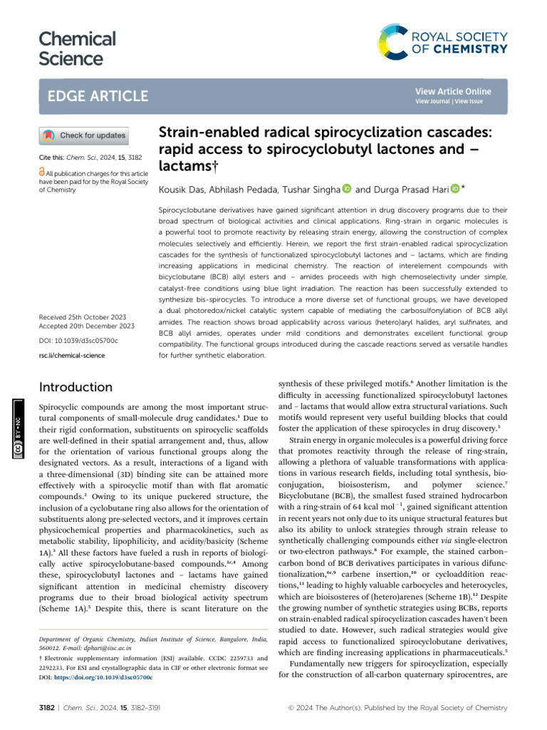 Strain-Enabled Spirocyclization Method | PDF | Chemical Reactions | Ester